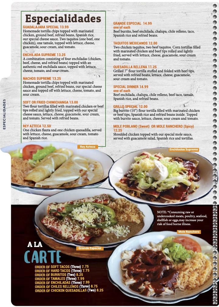 Menu - Rey Azteca Somerset, Pennsylvania